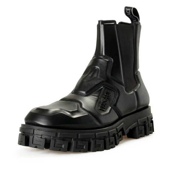 Versace | Shoes | Versace Mens Black 0 Leather Logo Print Chelsea ...
